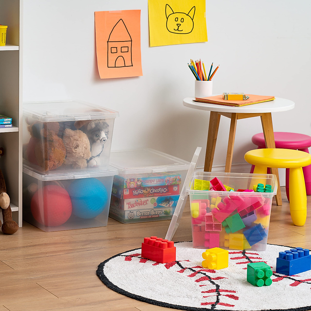 IRIS USA 25 Qt Clear Storage Box, BPA-Free Plastic Stackable Bin with Lid, 4 Pack, Containers to Organize Shoes and Closet Shelves, Classroom Organization Teacher Tools, Game Storage