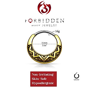 Forbidden Body Jewelry 16g 8mm Antique Finish Surgical Steel Tribal Design Hoop (Gold/Symbols)