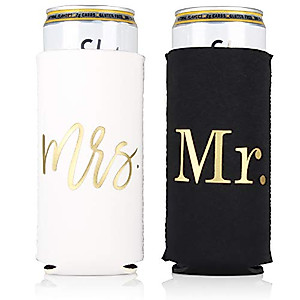 Couples Can Cooler Set for Newlyweds - Engaged - Wedding - Honeymoon Gold Foil Print (Mr Slim and Mrs Slim)