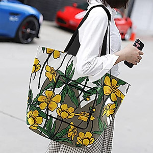 Sinestour Buttercup Anemone Flowers Reusable Grocery Bags Foldable Heavy Duty Shopping Tote Bag for Women with Pouch Eco Friendly Washable for Supermarket Gift