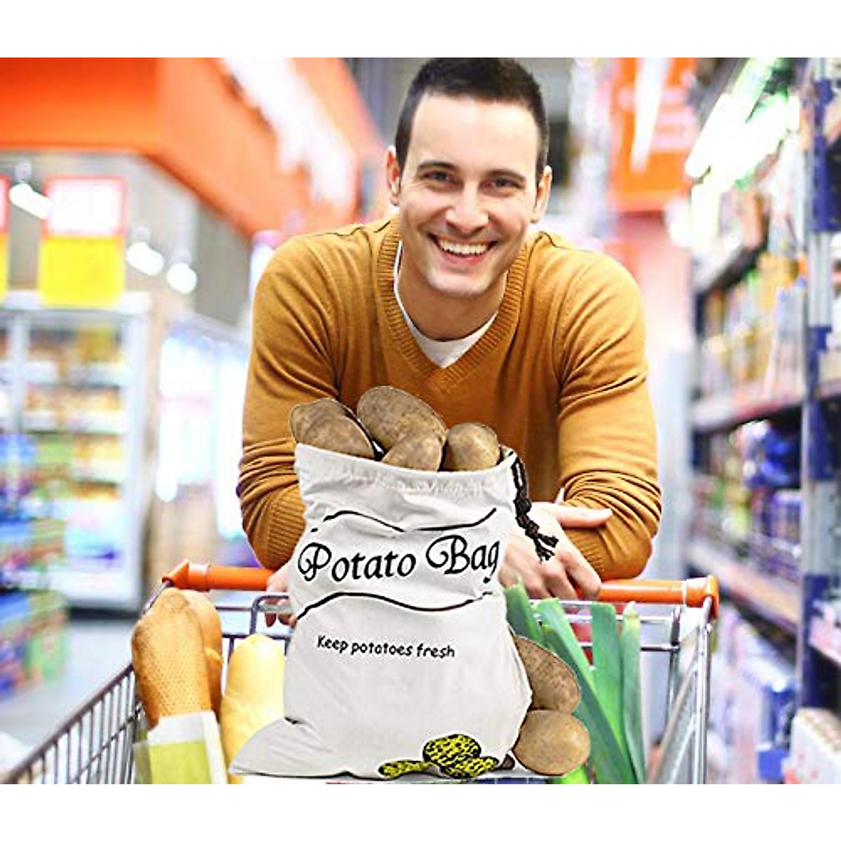 Reusable Produce Storage Bags,2 Pack Bread Bags Potato Onion Storage Keeper Holder Bags Muslin Veggie Bags,10"X14"