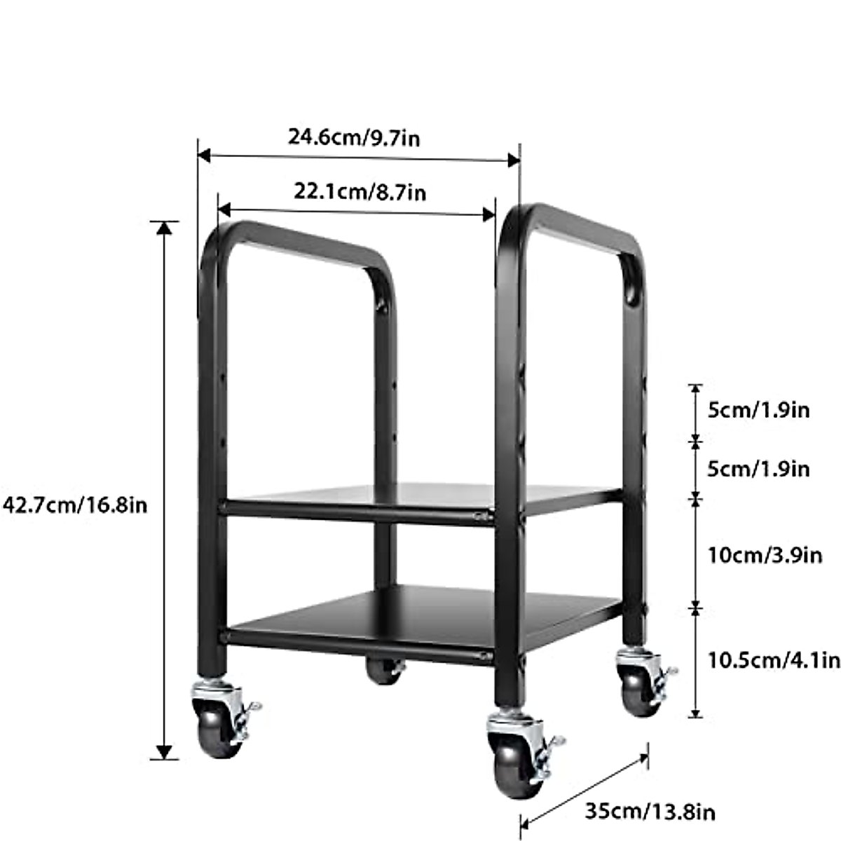 Computer Tower Stand, 360Tronics Adjustable Desktop ATX-Case CPU Holder, 2-Tier PC Rolling Stand Mobile Steel Desktop Case Stand Cart with 4 Locking Wheels for Office Home, Black