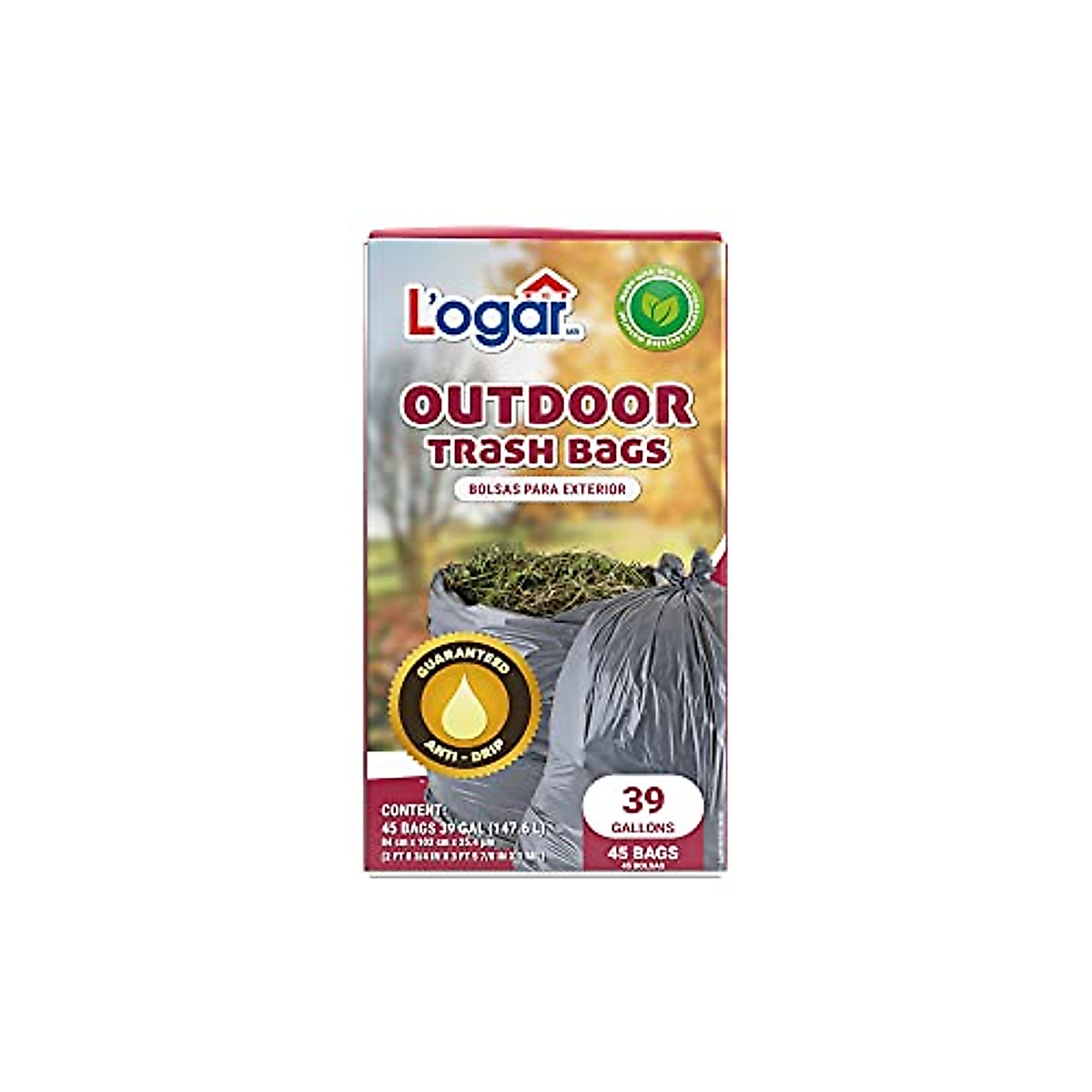 Logar Outdoor garbage bag with gray recycled material. 39 gal. 33 x 40.5 inches.