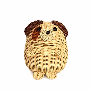 G6 COLLECTION Dog Rattan Storage Basket with Lid Decorative Home Decor Hand Woven Shelf Organizer Cute Handmade Handcrafted Nursery Gift Art Animal Decoration Artwork Wicker Puppy (Small)