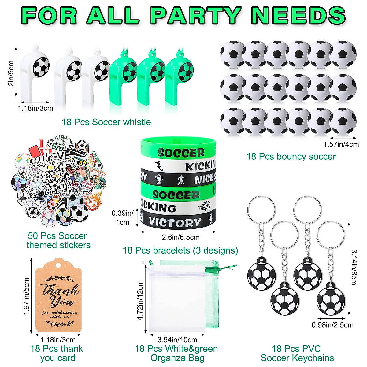 Hungdao 158 Pcs Soccer Party Favors for 18 Kids Includes Mini Bouncy Soccer Keychain Whistle Bracelets Thank You Card Stickers Organza Bag for Soccer Sports Event Classroom Rewards