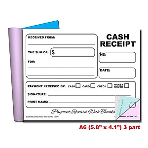 Cherry Carbonless Cash Receipt Book, 3-Part, with Loose-Leaf Writing Shield, A6 (4.1 x 5.8 Inches) 50 Sets, Unnumbered