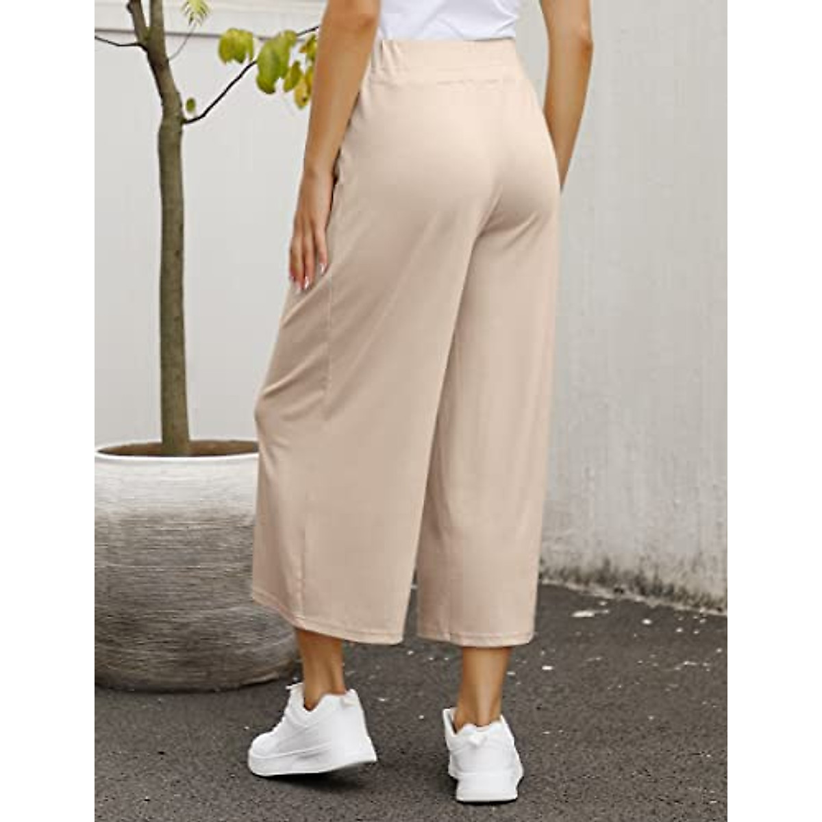 GlorySunshine Womens Linen Wide Leg Pants Elastic Waist Solid Palazzo Casual Loose Drawstring Trousers with Pockets New-Apricot L