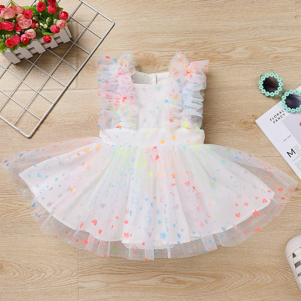 IMEKIS 1st Birthday Girl Outfit: 2nd First Dress for 1 Year Old Cake Smash Baby Boho Rainbow Confetti Princess Dresses Party Supplies Romper Mini Tutu Skirt Photoshoot White Stars 12-18 Months