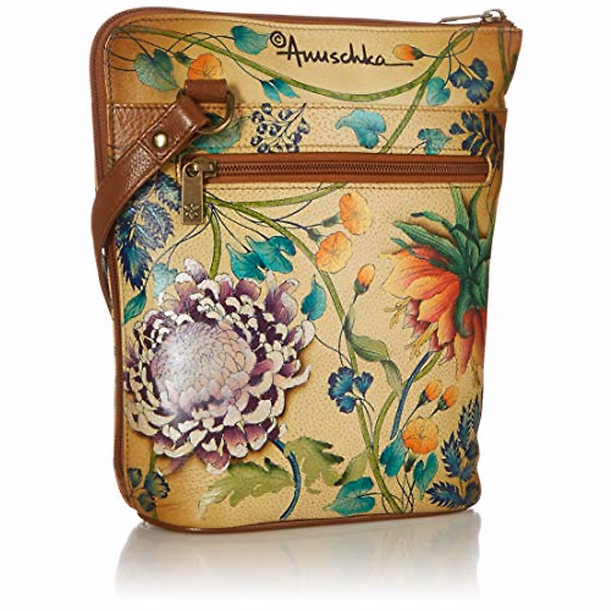Anuschka Women's Hand Painted Genuine Leather Crossbody Organizer With Extended Side Zipper - Caribbean Garden