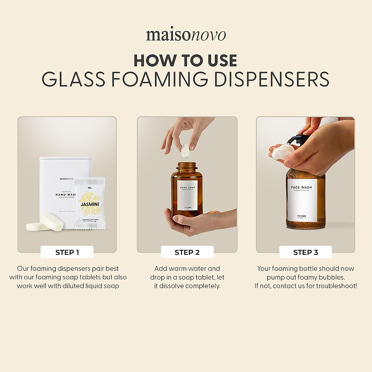 MaisoNovo Foaming Soap Dispenser with Concrete Tray - Hand Soap Refills for Foaming Dispenser - Black Bottle w.Tray 14 oz - 4 Mix Tablets