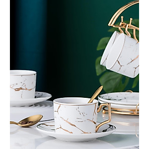 Jusalpha Serve of 4- Hand Printed Golden Matte Ceramic Marble Tea Coffee/Tea Cups with Spoons and Cup Holder, 7OZ -TCS26 (White/Gold, Serve of 4)