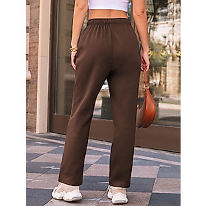 AUTOMET Women's Wide Leg Sweatpants Fleece Lined Baggy Straight Leg Lounge Pants Fall Outfits Athletic Joggers with Pockets Brown L