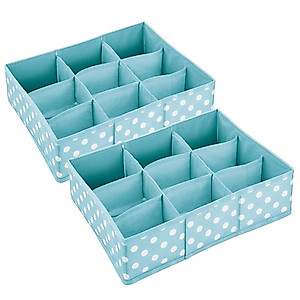 mDesign Soft Fabric 9 Section Dresser Drawer and Closet Storage Organizer for Child/Kids Room, Nursery, Playroom - Divided Large Organizer Bin - Herringbone Print - Turquoise/White - 2 Pack