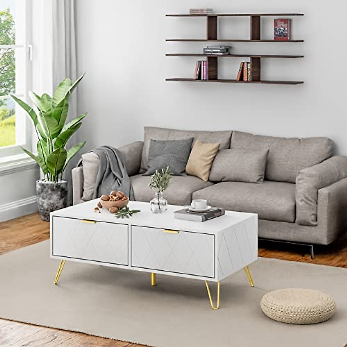 Scurrty 39.4'' Coffee Table with Large Drawers & 2 Open Storage Shelves, White Modern Coffee Tables with Gold Metal Handles for Living Room, Bedroom and Study (White)