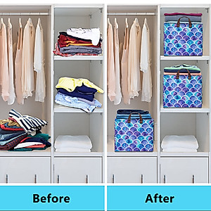 Funnewban Mermaid Storage Bin Basket Collapsible with Leather Handles Waterproof Canvas Storage Cube Box for Closet Toys Clothes Nursery Room Gift Basket