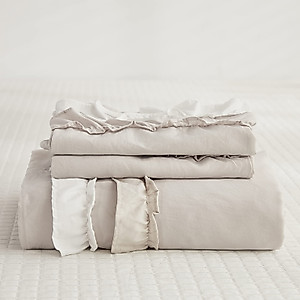 Beige Farmhouse Bedding Set Pleated Ruffle Duvet Cover Set Beige Gray Lace Ruched Ruffled French Country Style Rustic Textured Duvet Cover King with 2 Pillowcases