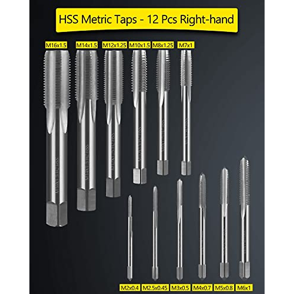HOTYELL Drill and Tap Set, Metric HSS Taps M2 to M16 with Matching Jobber Length Drill Bits - 24 Pcs