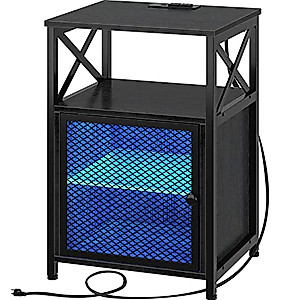 Rolanstar Nightstand with Charging Station, End Table with LED Lights & Power Outlets, Side Table with Storage Shelf, Sofa Table with Glass Shelf Mesh Door for Bedroom, Black