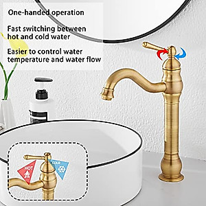 GGStudy 360° Swivel Antique Brass Bathroom Vessel Sink Faucet Single Handle One Hole Matching with Pop Up Drain