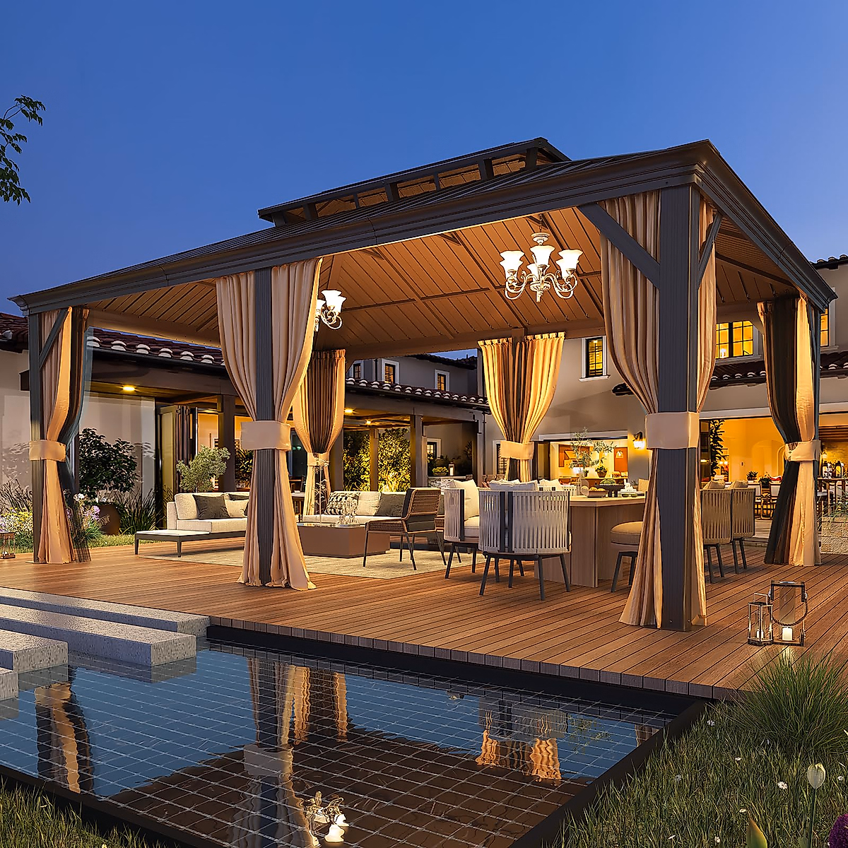 EROMMY 12'x18' Hardtop Gazebo,Galvanized Steel Double Roof Metal Gazebos with Curtain and Netting, Brown Permanent Pavilion Canopy with Aluminum Frame for Patios,Gardens,Lawns