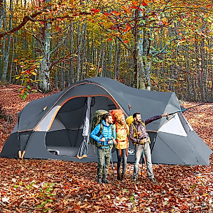 UNP Camping Tent 10-Person-Family Tents, Parties, Music Festival Tent, Big, Easy Up, 5 Large Mesh Windows, Double Layer, 2 Room, Waterproof, Weather Resistant, 18ft x 9ft x78in (Gray)