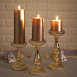 TABLECLOTHSFACTORY Set of 3 Gold Mercury Glass Pillar Candle Holders - 7" | 8.5" | 10"