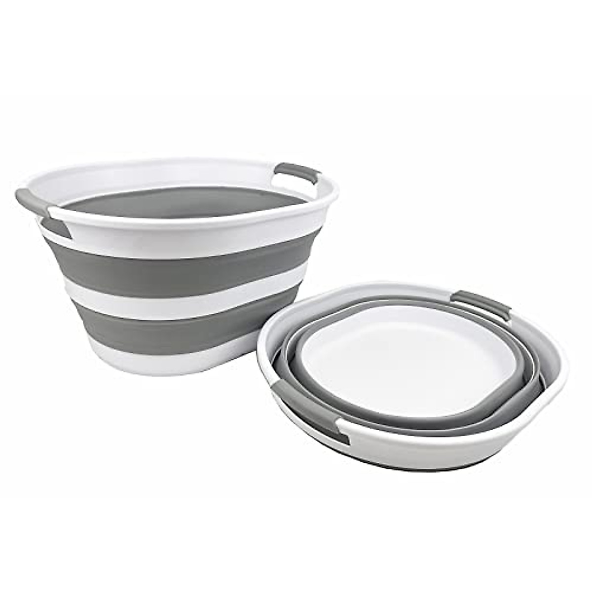 SAMMART 23L (6 Gallons) Set of 2 Collapsible Plastic Laundry Basket - Oval Tub - Foldable Storage Container/Organizer - Portable Washing Tub - Space Saving Laundry Hamper (White/Grey)