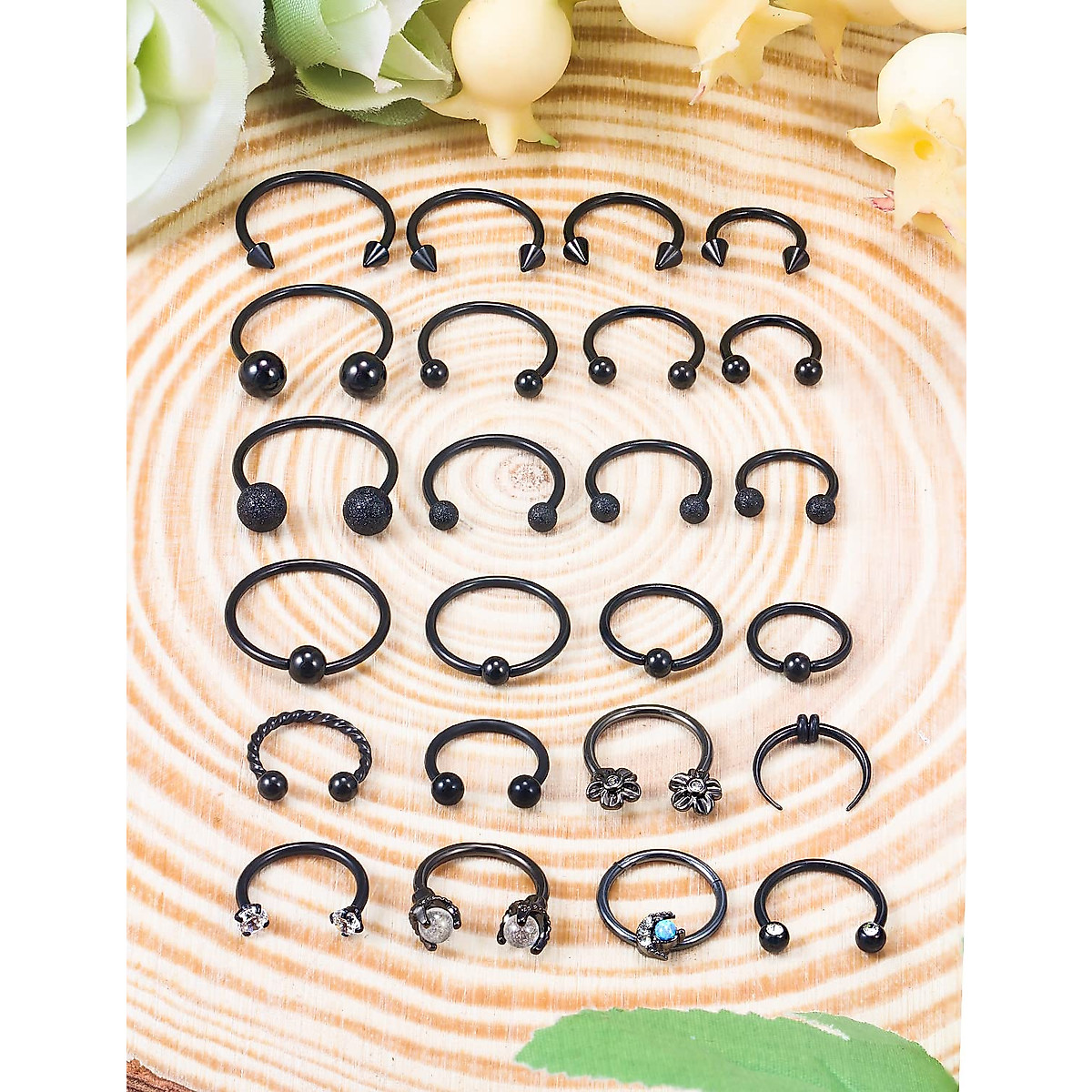 Yaalozei 16G Septum Rings Jewelry Stainless Surgical Steel Opal Flower Black Moon Septum Nose Lip Ring Hoop Earring Clicker Horseshoe Barbell Smiley Piercing Jewelry for Men Women 8mm 10mm 12mm 14mm