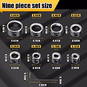 Depth Stop Drill Bit,Stop Collar Set Includes 1/8”, 3/16”, 1/4”, 5/16”, 3/8”, 7/16”, 1/2”, 5/8”and Allen Wrench(9Pcs), Premium High Carbon Steel Drill Bit Positioning Ring Split Ring- Tiosamd