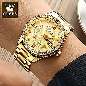 OLEVS Luxury Men Watch Gold Face Diamond Waterproof Stainless Steel Wrist Watch with Day and Date Quartz Man Wristwatches Analog Big Face Male Watches Calendar Fashion Relojes De Hombre