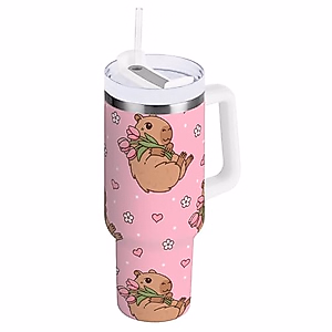 DIGTIA Stainless Steel Insulated Tumbler w/Handle & Straw, Capybara Cute Double Wall Vacuum Travel Coffee Mug Cup w/Lid, Leak-Proof Sports Bouquet Water Bottle,30oz