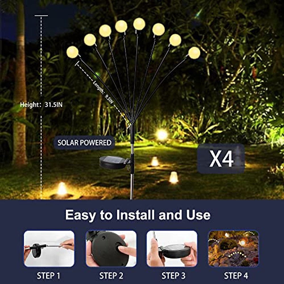 MAKYTWOW Solar Garden Lights, Outdoor Waterproof, Solar Powered Firefly Lights, Warm White Garden Decorations Lights for Path Landscape 4Pack