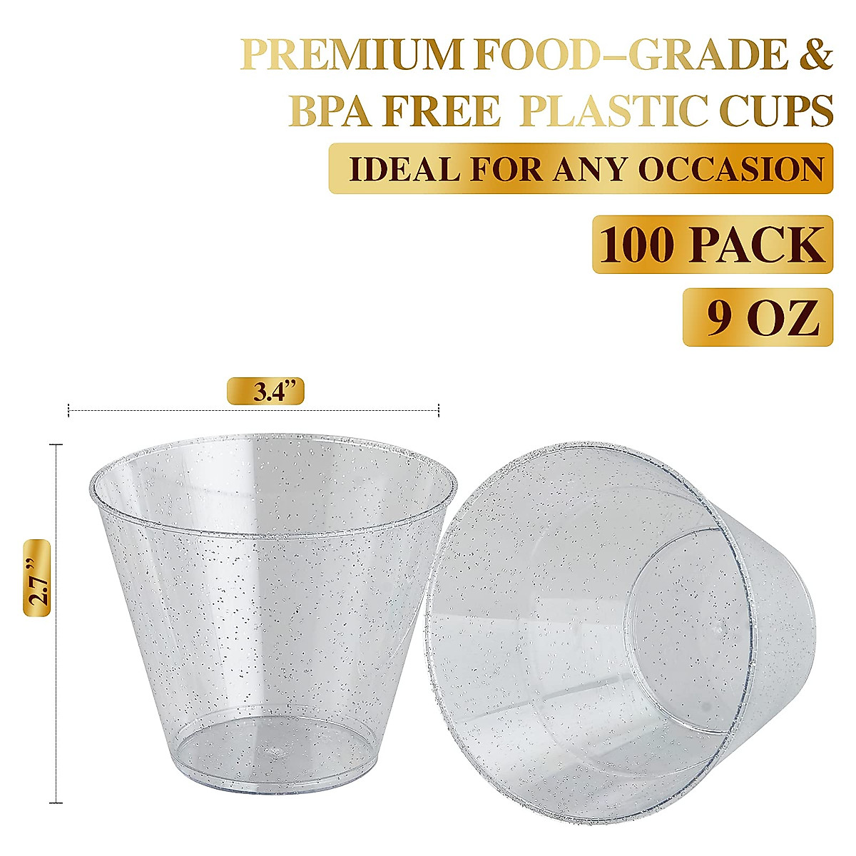 FOCUSLINE 9 oz Silver Plastic Cups, Disposable Clear Fancy Hard Plastic Cups, Silver Glitter, Heavy Duty, Reusable,100 Count