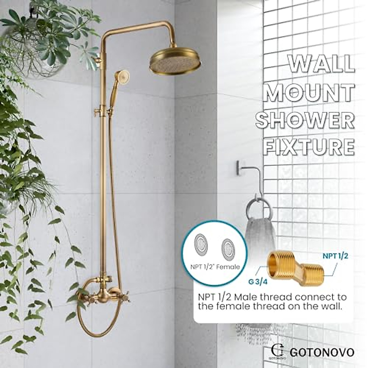 gotonovo Antique Brass Exposed Shower Fixture Set 8 Rain Shower Head 2 Double Knobs Cross Handle Shower Faucet Combo System Unit Set Dual Function