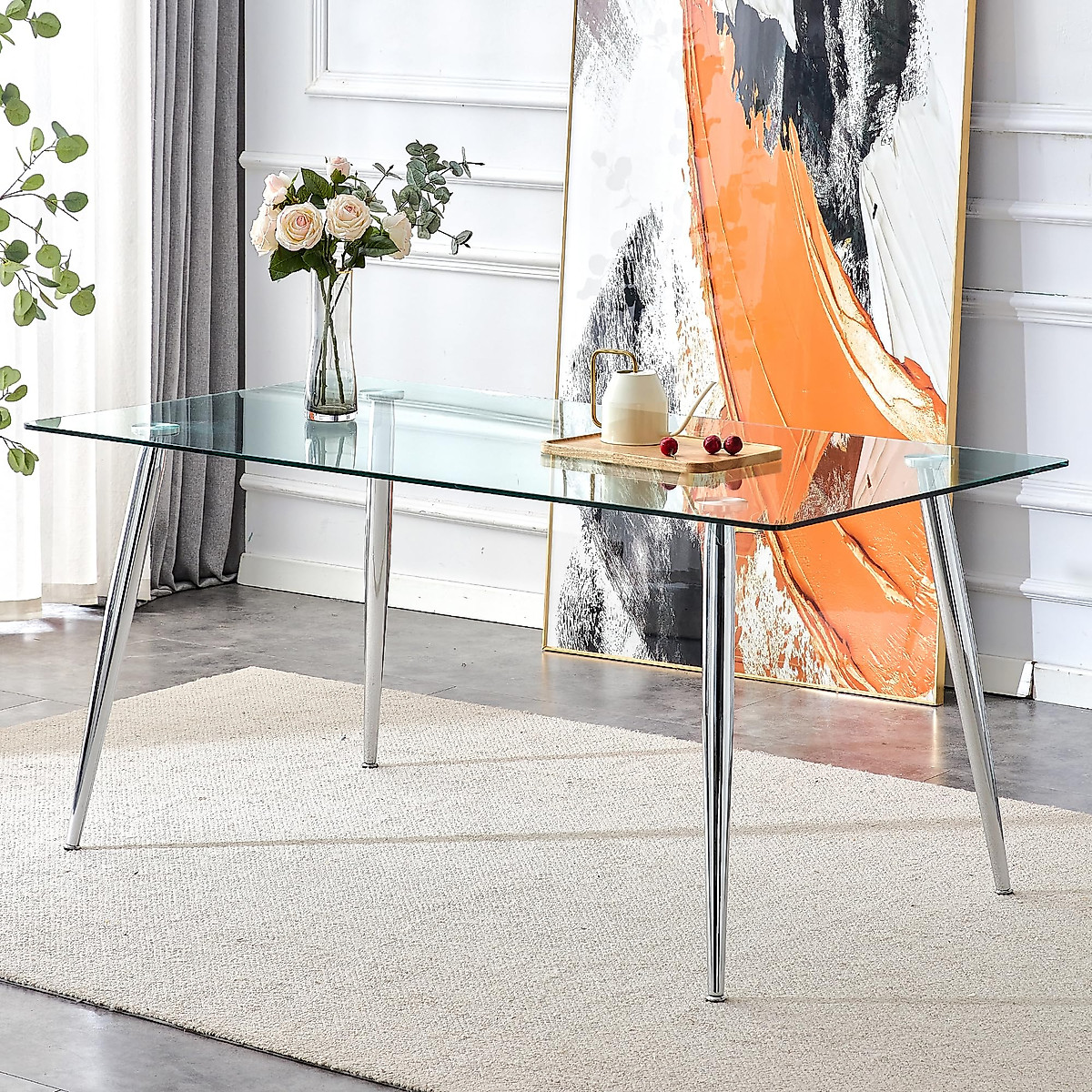 Ginxesh 63‘’ Glass Dining Table Set for 4-6,7 Dining Table Set,Rectangular Tempered Glass Top Kitchen Table and 6 Faux Leather High Back Upholstered Dining Chairs (White, 6 Chairs)