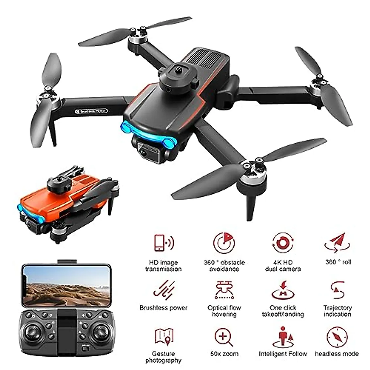 Brushless Motor Drone with 1080P Camera 2.4G WIFI FPV RC Quadcopter with Headless Mode, Follow Shot, Altitude Hold, Drone HD Aerial Photography Quadcopter RC Airplane Obstacle Avoidance (Black)