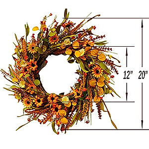 idyllic 20 Inches Harvest Wreath, Yellow and Orange Daisies Flowers, Ear of Wheat, Green and Spring Leaves Wreath for Front Door