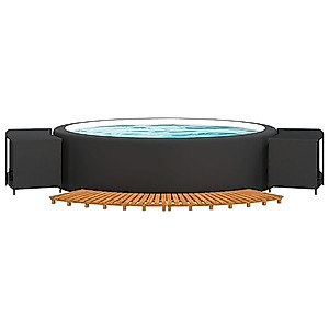 loibinfen Spa Surround Set with Cushions, Poly Rattan Outdoor Massage Hot Tub Frame with 2 Storage Shelf and 2 Spa Step, Patio Outdoor Hot Tub Surround, Black Poly Rattan and Solid Wood Acacia -AA