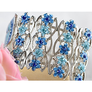 Alilang Silver Tone Blue Enamel Floral Crystal Rhinestone Flower Butterfly Cuff Bangle Bracelet