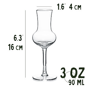 Crystal Grappa and Cordial Glasses | Set of 6 | Small 3 oz Long Stemmed Spirit Glassware for Liqueur, After Dinner Drink, Aperitif, Digestive | Tulip Shaped Liquor Stemware for Nosing, Sipping