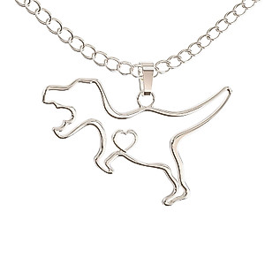 Happy Kisses Dinosaur T-Rex Necklace - Cute Pendant Gift - Sweet and Funny Message Card (Silver)