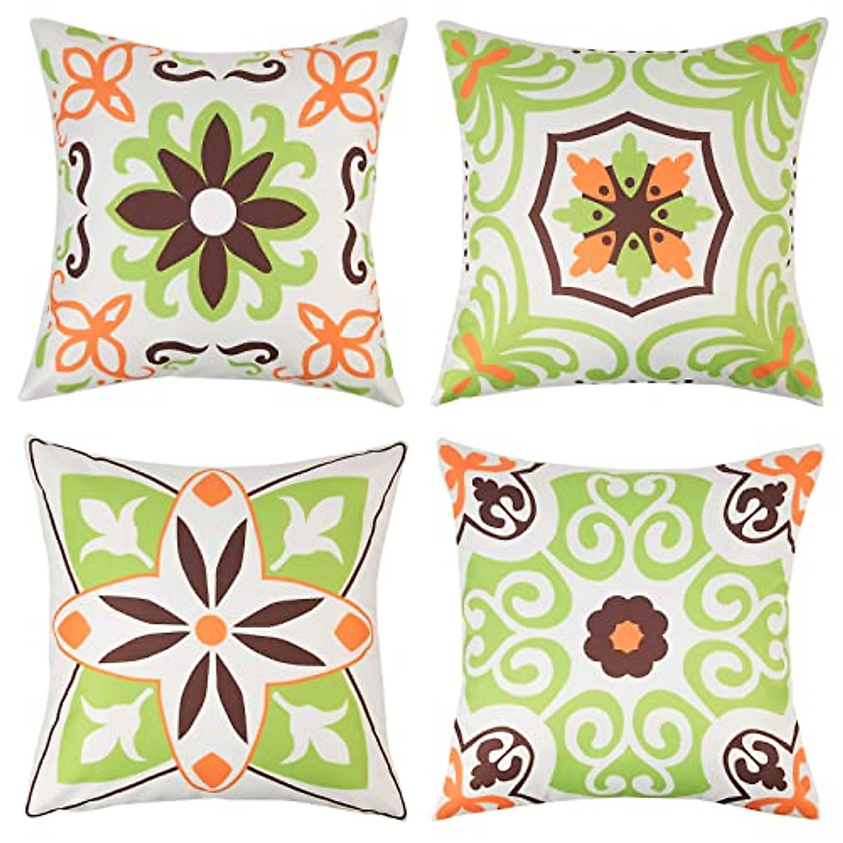 Pyonic Outdoor Waterproof Throw Pillow Covers Boho Pillow Covers 18x18 Decorative Green Garden Cushion Sham for Patio Furniture Tent Couch Park Set of 4,Light Green