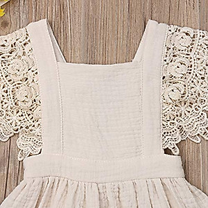 Toddler Baby Girl Infant Comfy Cotton Linen Lace Princess Overall Dress Sundress (Beige, 9-18 Months)
