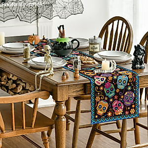 Artoid Mode Suger Skulls Floral Day of The Dead Table Runner, Halloween Seasonal Kitchen Dining Table Decoration for Home Party Decor 13x72 Inch