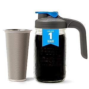 County Line Kitchen Cold Brew Coffee Maker, Mason Jar Pitcher - Heavy Duty Soda Lime Glass w/Stainless Steel Mesh Filter & Flip Cap Lid - Iced Tea & Coffee - 1 Qt (32 Oz), Gray/Blue Handle
