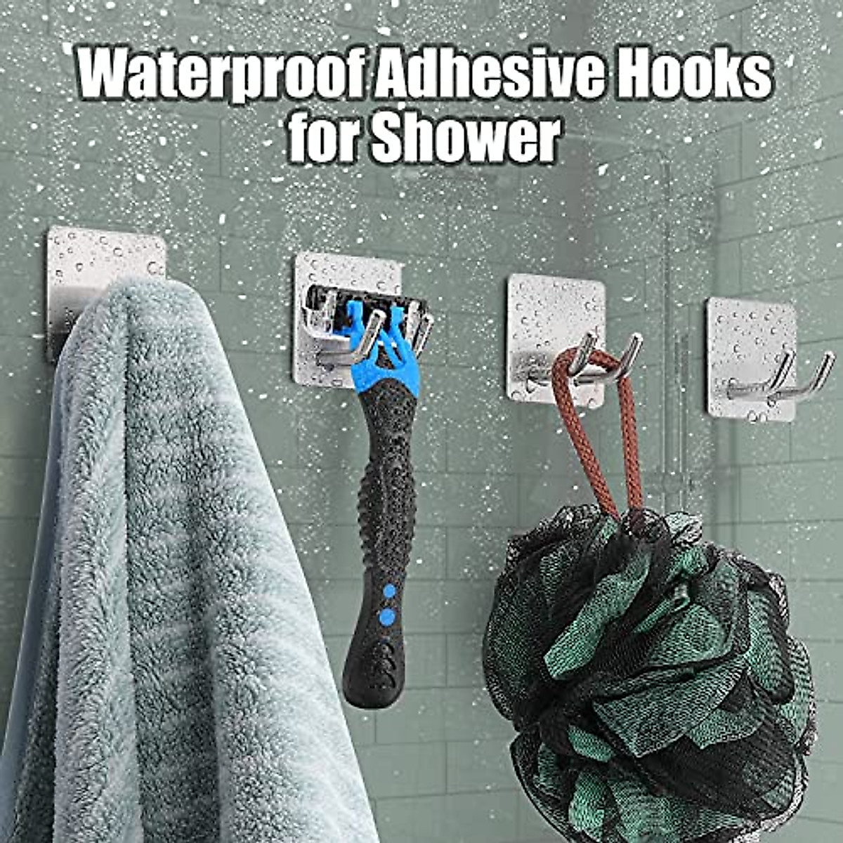 YasTant 4 Pcs Premium Heavy Duty Adhesive Hooks Wall Hangers for Bathroom, Self Stick Hooks for Hanging Heavy Duty, Self Adhesive Razor Holder for Shower Wall Inclined
