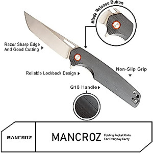 MANCROZ MC145 Folding Pocket Knife,D2 Blade G10 Handle with Clip EDC Knife,Ball Bearings Pivot, Camping Hunting Fishing Flipper Opening Knife