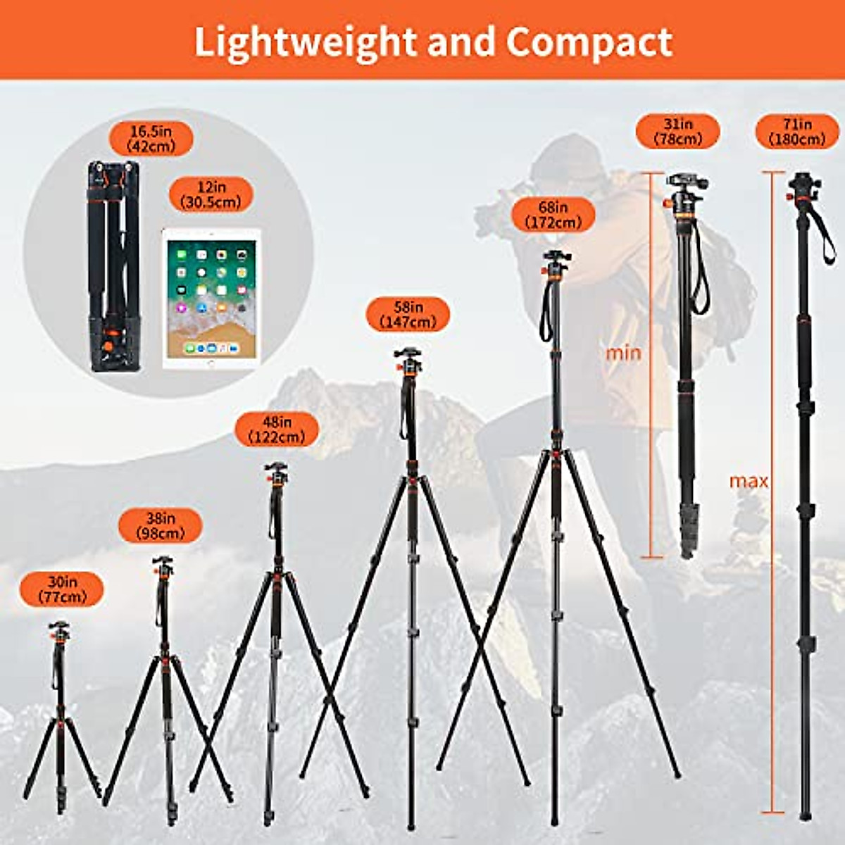 Nietoto New Professional Camera Tripod, Aluminum Travel Tripod for Camera, DSLR Camema Tripod, Compact Professional Camera Tripod Monopod with 360 Panorama Ball Head, 1/4 QR Plate, Carry Bag