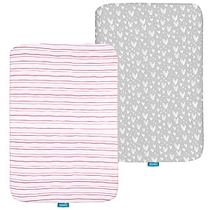 Pack n Play Fitted Sheet, Soft Jersey Cotton Portable Playard Sheets, 2 Pack Mini Crib Sheets, Unisex, Preshrunk,Grey and Pink