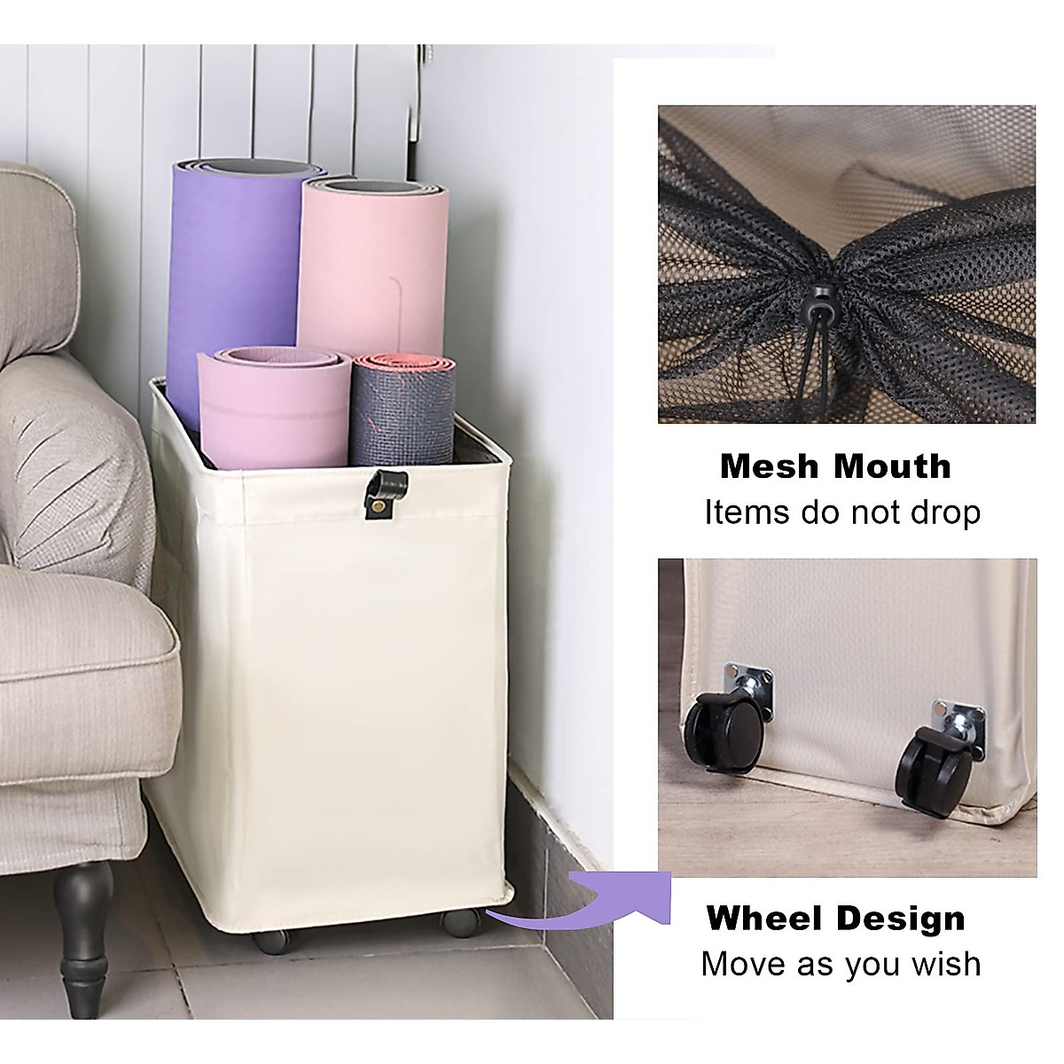 ViolaDresses Portable Cloth Yoga Mat Holder with Handle, Save Space Foldable Home Gym Basket Organizer with Wheels, for Foam Roller Exercise Mats